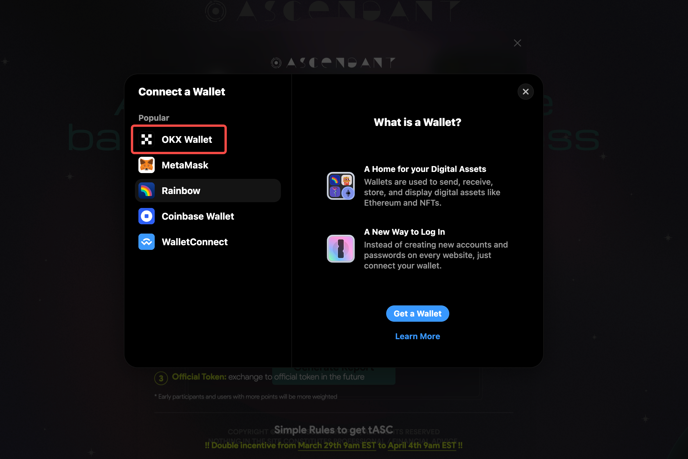 Access Ascendant using the OKX Wallet Web Extension - OKX | CoinCarp